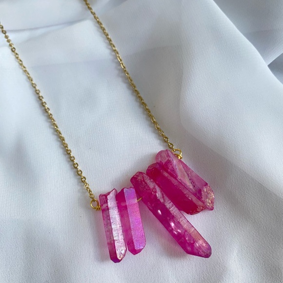 Jewelry | New Handmade Pink Quartz Necklace With Golden Chain | Poshmark